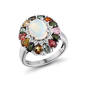 supermodel Multicolor Gemstone Signet Ring for Women Wedding Anniversary Jewelry Sterling Silver Band 925 Stamped Tourmaline Diamond Gem Ring Luxury Opal Ring Cocktail Rings Size 9