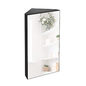 eclife 24" Bathroom Corner Medicine Cabinet W/Mirror, Single Door Bathroom Black Wall Mount Mirror Cabinet, Hanging Triple Shelf Storage Cabinet Opens Left to Right