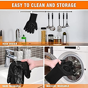 BBQ Grill Gloves Heat Resistant: 1472℉ High Temp Resistance Fireproof Glove for Grilling Smoking Barbecue - Washable Long Silicone Oven Mitts Extreme Hot Proof Mittens for Kitchen Cooking Baking 1