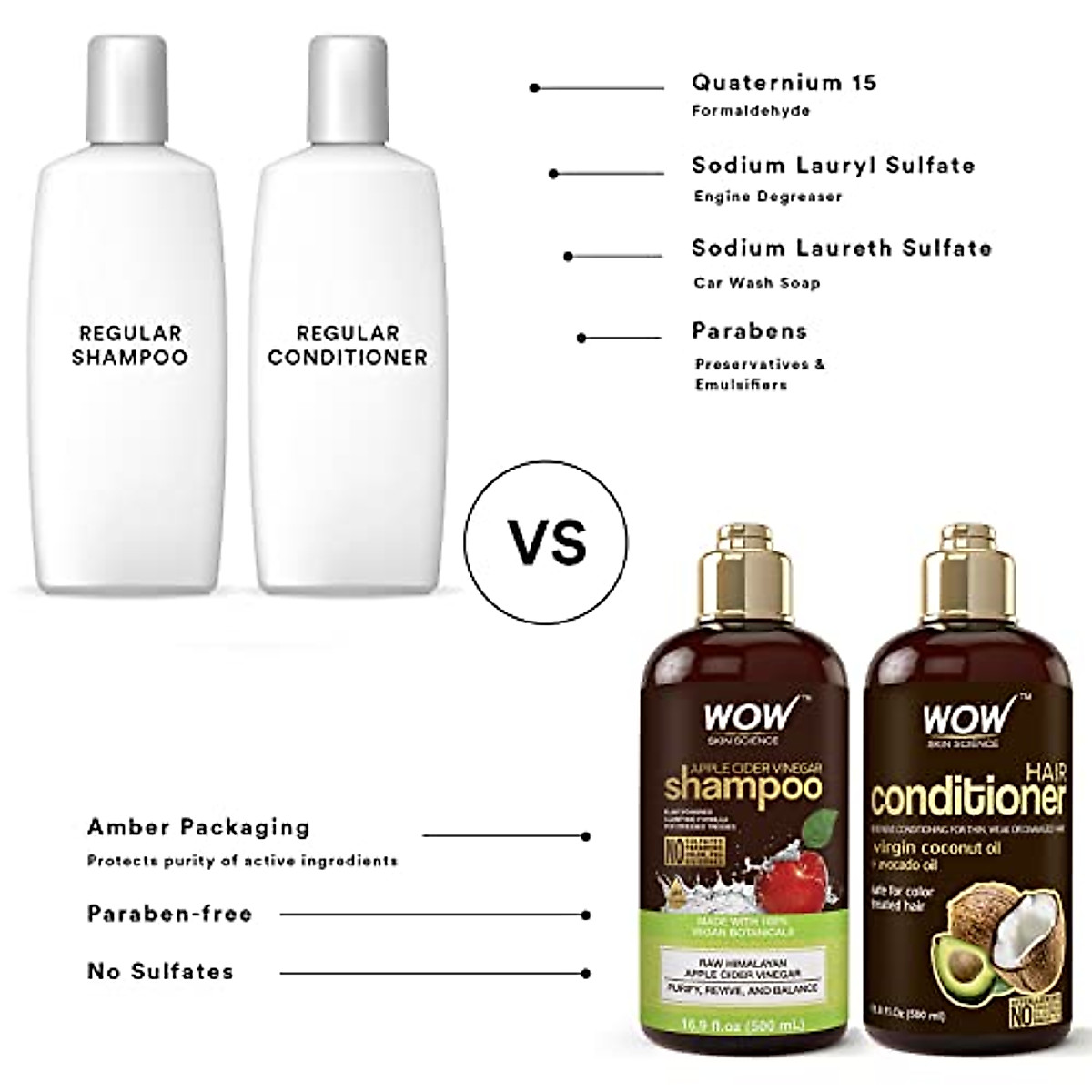 Wow Skin Science Apple Cider Vinegar Shampoo & Conditioner Set with Coconut & Avocado Oil - Men and Women Gentle Shampoo Set - Hair Growth Shampoo for Thinning Hair & Loss - Sulfate & Paraben Free