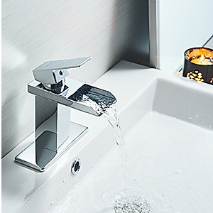 BWE Waterfall Bathroom Faucet Chrome Polished Modern Sink Bath Single Hole Handle Lavatory Vanity Washbasin Mixer Tap Brass Material with Water Faucets Supply Hose