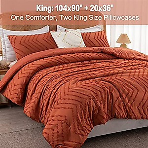 Litanika Comforter King Size Set, Burnt Orange Boho Fall Lightweight Bedding Comforters & Sets for King Bed, 3 Pieces Chevron Tufted Bed Set