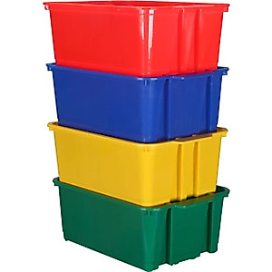 Really Good Stuff Stacking Bins, 14" x 10" x 5 ¾" - 4 Pack, Primary | Stackable Storage Plastic Bins for Classroom Organization, Home Storage, Office & Hospital Supplies