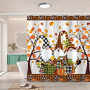 Belperan Fall Maple Leaves Gnome Shower Curtain,Autumn Buffalo Plaid Pumpkins Shower Curtain for Bathroom Decor,Rustic Waterproof Fabric Bathtubs Decor Set with 12 Hooks, 72 x 72 Inch