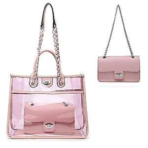 Large Clear Tote Bag Top handle Bag for Women Handbag Messenger Crossbody Purse With Turn Lock Closure (2 Sets) (Pink)