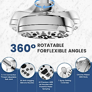 D DUSSAL Shower Head High Pressure 7-Spray Setting 4.7" High Flow Fixed Showerheads Rain Showerhead with Chrome Plated Finish, 360°Adjustable Brass Swivel Ball, Anti-Clogging Silicone Nozzles Joint