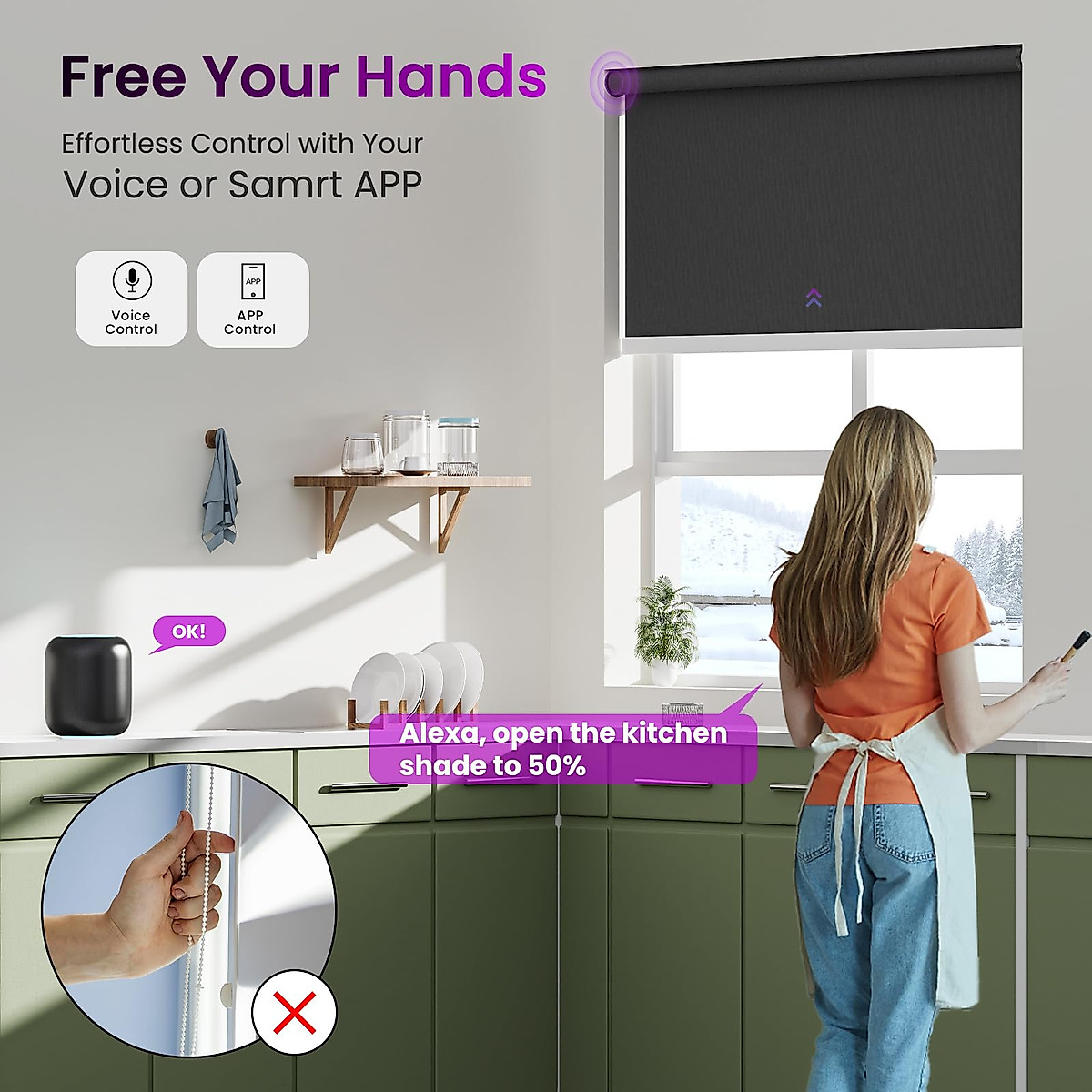 Astomi Motorized Smart Blinds for Windows Rechargeable Automatic Roller Blackout Shades with Remote Control Compatible with Alexa Google Assistant Customized (Fabric-Dark Grey)