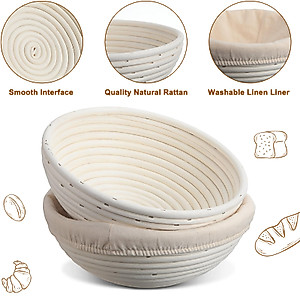 Mifoci 4 Packs Sourdough Proofing Basket Set: Includes 9" Round and 10" Oval Banneton Baskets, Dough Scraper, Bread Scorer, Linen Liner, and Basting Brush for Professional Bread Baking