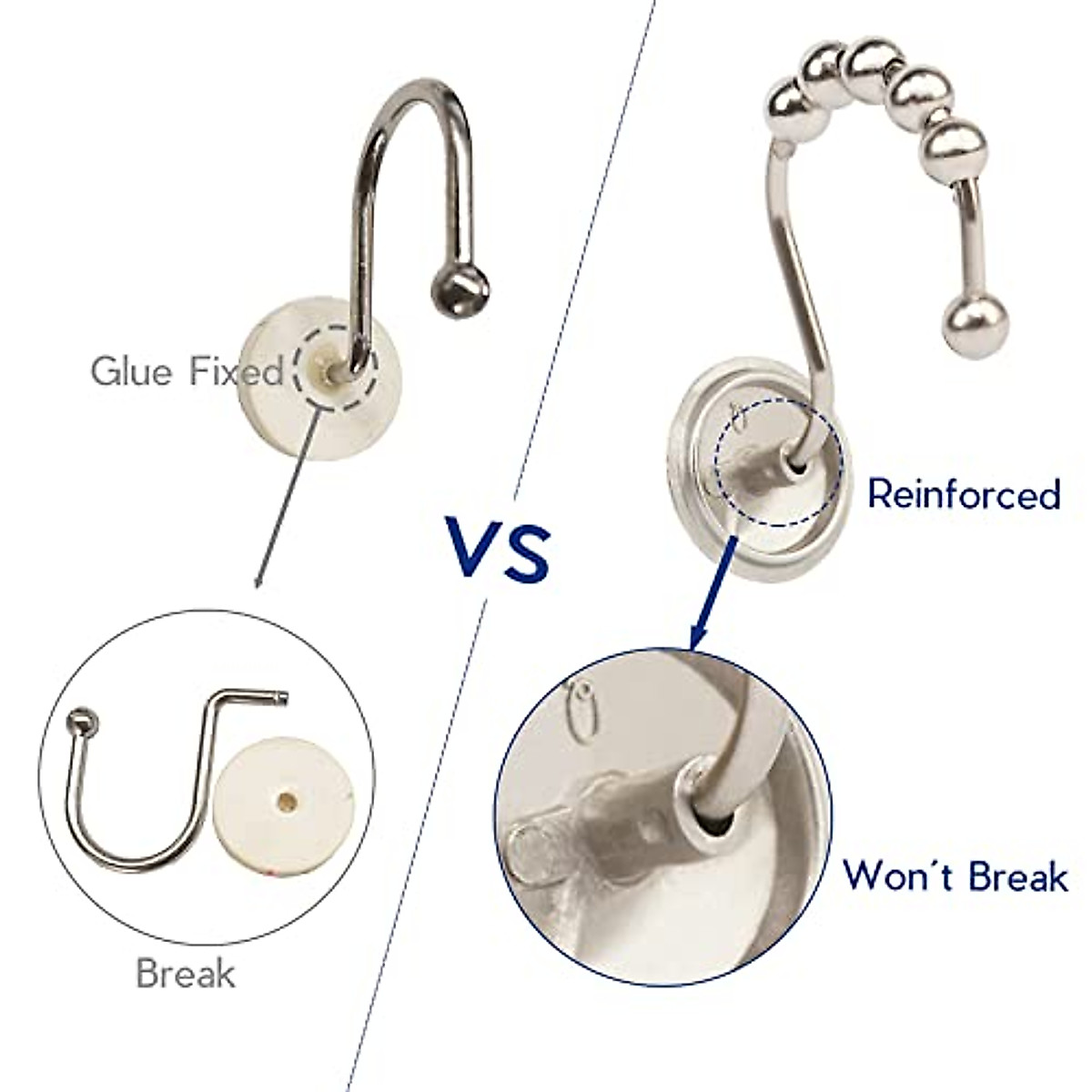 Nickel Shower Curtain Hooks Rust Proof：Durable Metal Shower Curtain Rings Easy Glide Shower Hooks for Shower Curtain Peyton Decorative Shower Curtain Hooks,Set of 12 Shower Rings