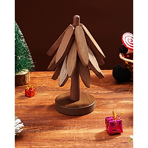 Wooden Tree Coasters with Holder, Wooden Trivets for Hot Dishes Decorative Christmas Tree Shape Includes 3 Pcs Hot Plate Mats, Tree Trivets for Hot Pots and Pans, Hot Pads for Countertop, Sapele