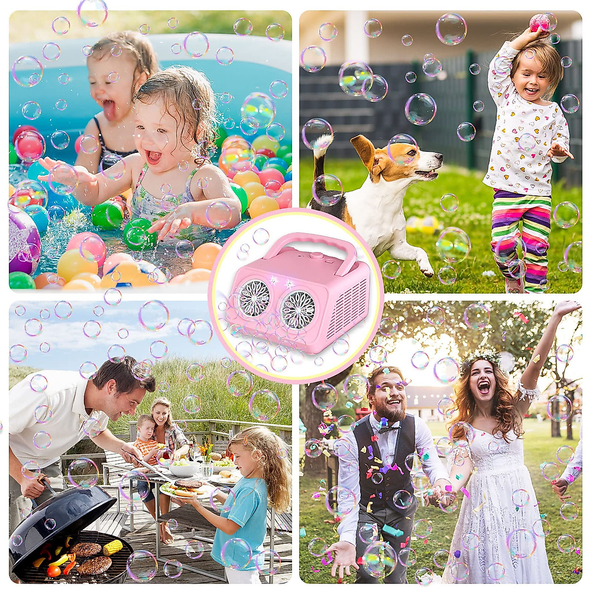 FUNNYB&G Automatic Bubble Machine, 16000+ Bubbles Per Minute Portable Bubble Maker, Plug-in or Battery Powered Indoor Outdoor Party Birthday Christmas (Pink)