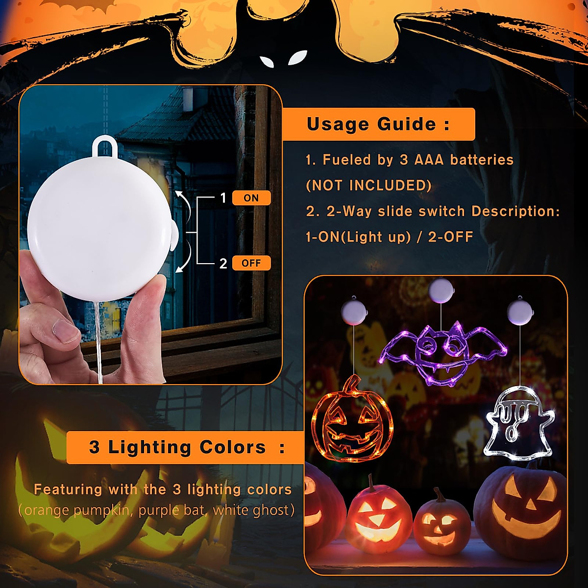 PISKEKAT Halloween Decorations, 3 Pack Orange Pumpkin, White Ghost, Purple Bat Halloween Window Lights with Suction Cup & Hooks, Battery Operated Indoor Lights for Halloween Window Decorations