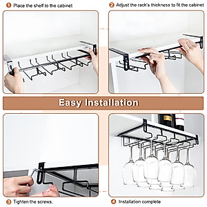 2Pcs Adjustable Wine Glass Rack Under Cabinet, Punch-Free 4 Rows Stemware Wine Glass Metal Holder, Hanging Wine Glasses Storage Hanger Organizer for Shelf Kitchen Bar Decor(4 Rows, Black)