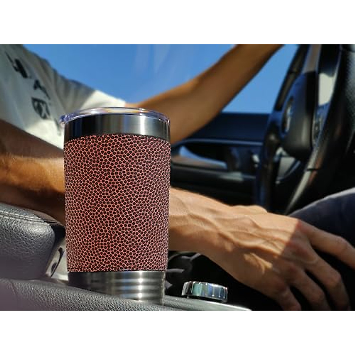 LaserGram 20oz Vacuum Insulated Tumbler Mug, Flamingo, Personalized Engraving Included (Faux Leather, Football Style)