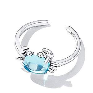 Cute Crab Sterling Silver Open Statement Rings for Women Blue Diamond Crystal CZ Wedding Engagement Ring Eternity Promise Band Adjustable Finger Bands Lovely Jewelry