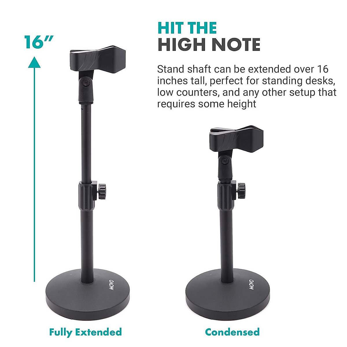 Movo TMC-5 Heavy Duty Desktop Microphone Stand with Weighted Round Base and Mic Holder for Desk - 16" Extendable Microphone Desk Stand - Compact Metal Desktop Mic Stand for Podcasts, Gaming
