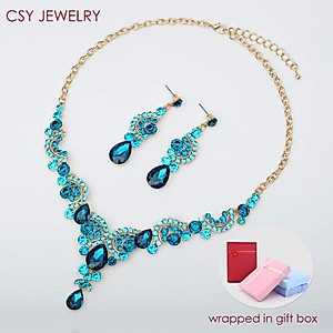 CSY 4 Pcs/Sets Elegant Crystal Necklace Earrings Bracelet Ring Bridal Wedding Costume Jewelry Sets for Brides Women Gifts (gold plated-aquamarine)