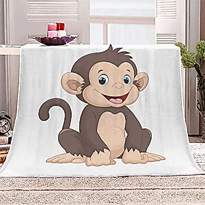 Throw Blanket Monkey Cozy Comfy Flannel Soft Fuzzy Plush Blanket Cute Brown Smiling Monkey Cartoon 50x60 Inch Luxury Flannel Lap Blanket Women Adult Rest Read Learn Play