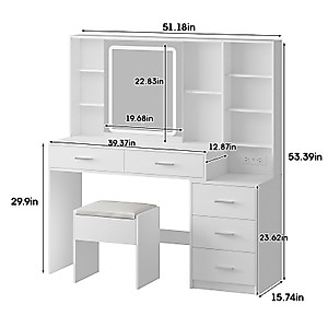 Makeup Vanity with LED Lighted Sliding Mirror, White Vanity Desk with 5 Drawers, Charging Station & Hidden Storage Shelves, Adjustable Brightness, Dressing Table Stool Set for Bedroom