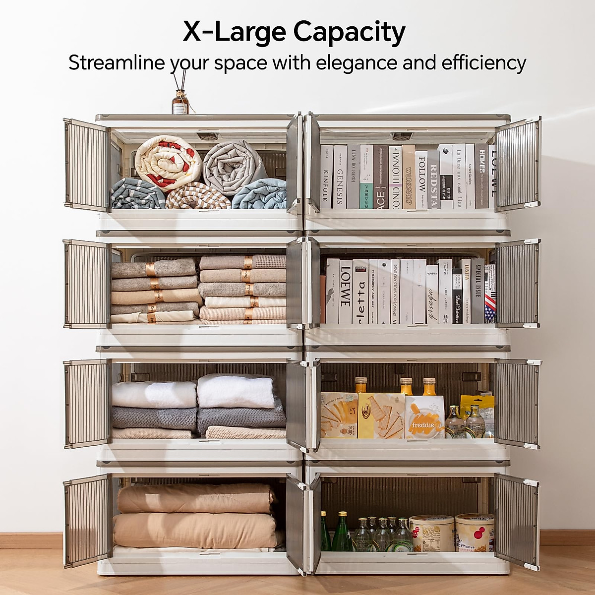 Collapsible Storage Bins 3 Tier 92 Qt Each- Plastic Stackable Storage Bins with Lids and Wheels, 276 Qt/ 69 Gal Large Foldable Organization and Storage Box for Home and Office, White