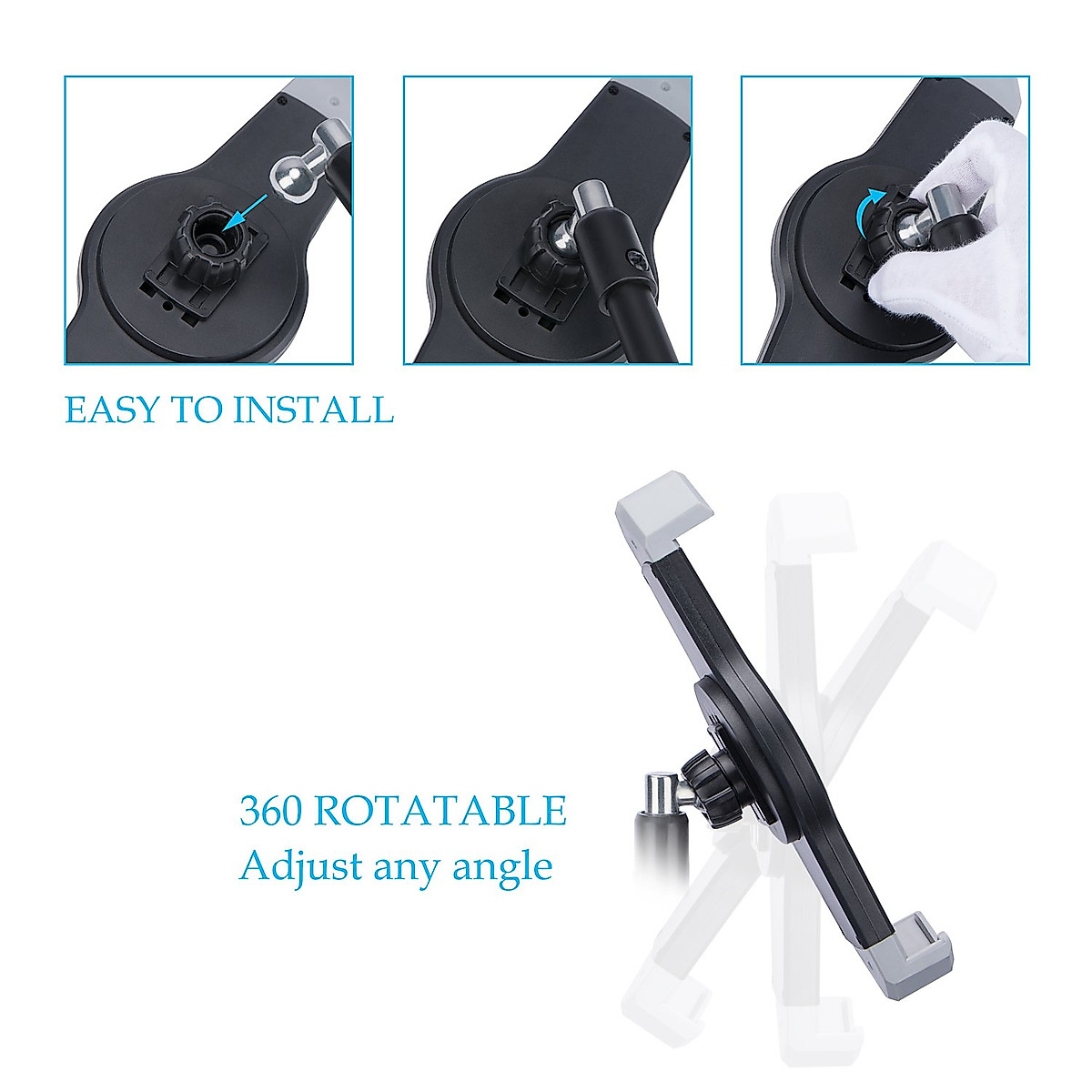 T-SIGN IPad Tripod Stand, Reinforced Foldable Floor Tablet Stand, Height Adjustable 360° Rotating Mount for All 7 to 12 Inches Tablets, Carrying Case, Phone Holder, Bluetooth Remote Control