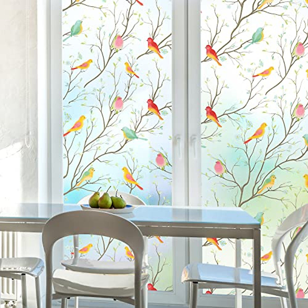 Viseeko Stained Glass Window Film: Bird Window Privacy Film Non-Adhesive Window Clings Room Decor Frosted Window Decals UV Blocker Removable for Bathroom Kids Study Room