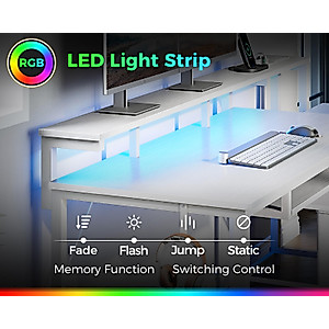 AODK 55" Computer Desk with Fabric File Cabinet and Drawer, Reversible Office Desk with Power Outlet and LED Light, Study Desk with Printer Stand, Keyboard Tray, Full Monitor Riser and PC Stand, White