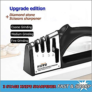IKOTE Kitchen Knife Sharpener, 4-in-1 Knife and Scissors Sharpener with Diamond, Ceramic, Tungsten, Kitchen Tools for Kinds of Knives- Cut-Resistant Glove and Silicone Scrubber Included