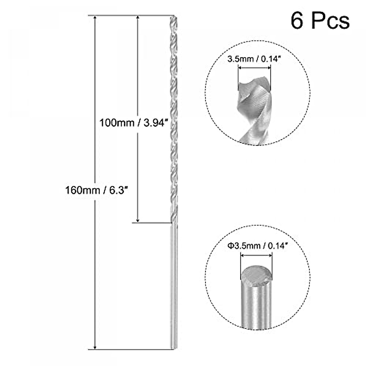 uxcell HSS(High Speed Steel) Extra Long Twist Drill Bits, 3.5mm Drill Diameter 160mm Length for Hardened Metal Woodwork Plastic Aluminum Alloy 6 Pcs