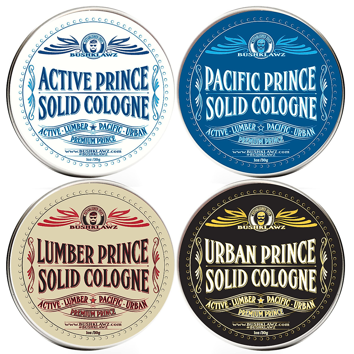 Premium Prince Solid Cologne 1 oz Variety Gift Set Alcohol Free Natural Concentrated Full Size Travel Friendly Tins Men's Fragrance 4 Manly Scents to Satisfy all Types of Viking Cannon Black Prime
