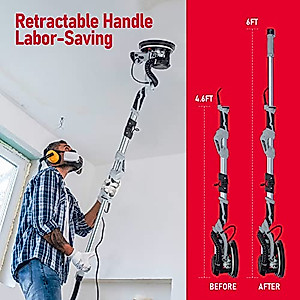 Drywall Sander, 800W Electric Motor Sander with Automatic Dust Removal System, Variable Speed 800-1800RPM With LED Light, Extendable & Foldable Handle, 12 Pcs Sanding Discs and Carrying Bag