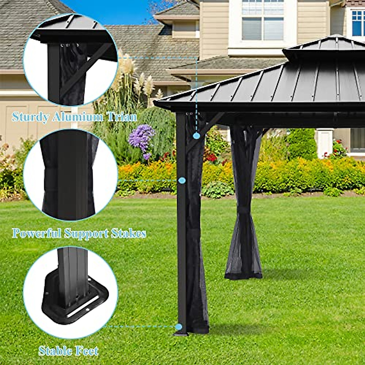 Raysfung 10 X 10ft Hardtop Gazebo, Galvanized Steel Double Roof Gazebo with Nettings and Curtain Outdoor Aluminum Frame Vertical Stripes Roof Permanent for Patio, Backyard, Lawns