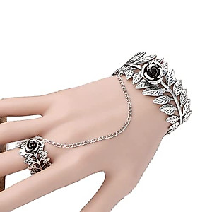 Asphire Gothic Leaf Vine Bracelet with Finger Ring Retro Silver Rose Slave Bracelet Punk Hip Hop Hand Finger Chain Harness Bracelet Jewelry for Women