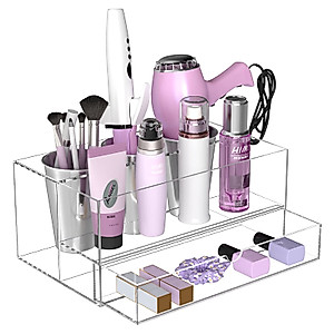 HIIMIEI Hair Tool Organizer, Clear Acrylic Hair Dryer Organizer with Drawer, Hair Styling Tool Organize, Bathroom Vanity Countertop Storage Organizer for Blow Dryer, Curling Irons, Makeup, Toiletries