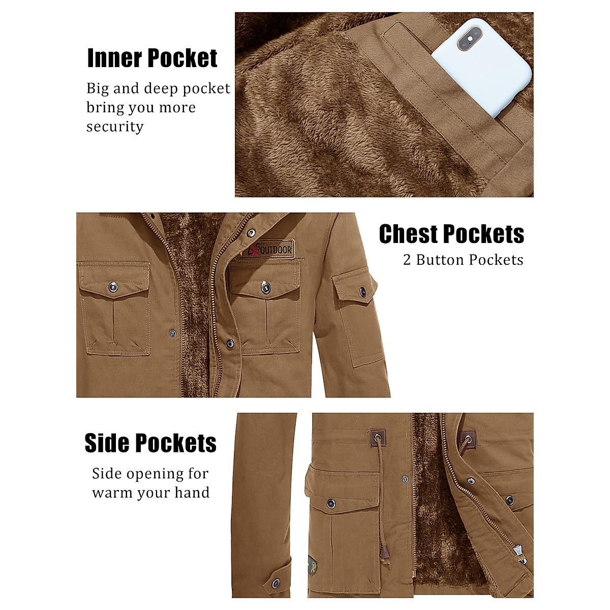 MAGCOMSEN Winter Coats for Mens Military Parka Jacket Fleece Lined Winter Cargo Jackets Khaki S