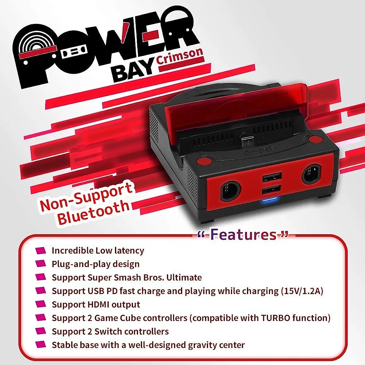 Brook Power Bay Crimson - Portable and Fast Charging Dock Stand, Docking Station for NS Switch, Compatible with Switch and GC Controllers, Support HDMI Out Put
