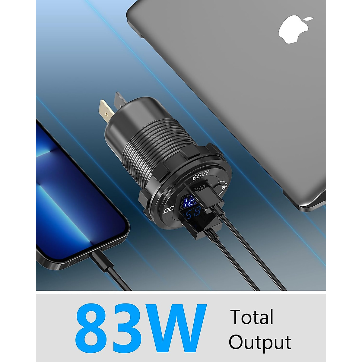 83W 12V USB Power Outlet, Qidoe Aluminum 65W PD USB-C Laptop Charger Socket and 18W QC3.0 Car USB Port with Digital Voltmeter Button Switch Smart Boosting 12V USB Outlet for Car RV Marine Boat Moto