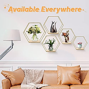Wall Mounted Hexagonal Floating Shelves Set of 5 in Different Sizes, Modern Metal Wall Shelf, Simple Wood Partition Storage Shelves, Gold Wall Decor Rack for Bedroom, Living Room, Kitchen and Office