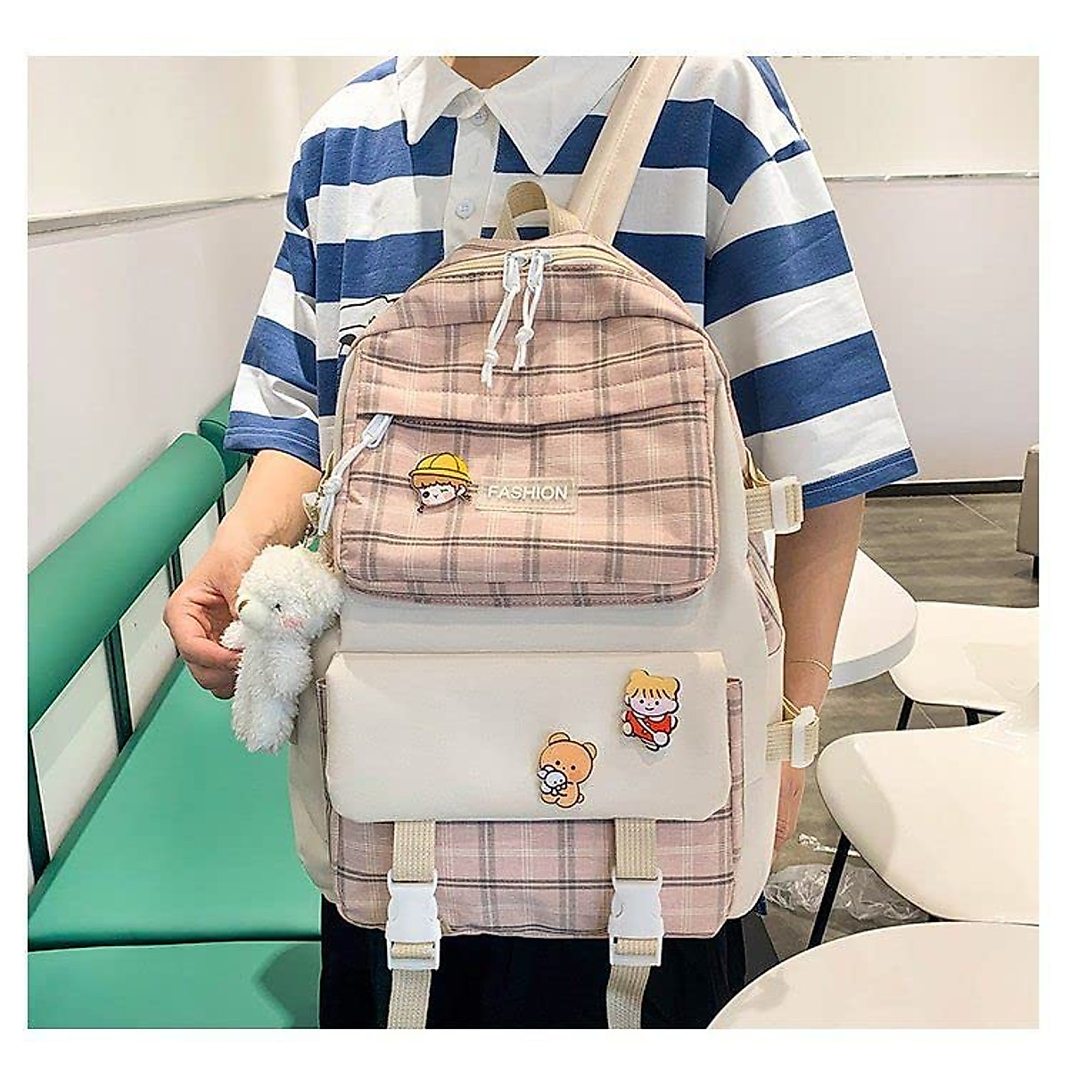 Homruis 5pcs Cute Backpack Kawaii Backpack Big Capacity School Backpack Handbag Messenger Bag with Pendant Bear for Girls
