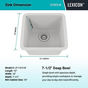 15" x 15" Quartz Kitchen Sink, Single Bowl Kitchen Sinks, Drop in Kitchen Sink, Granite Composite Kitchen Sink, Undermount Sink, Galaxy White Kitchen Sink, Includes Grid, Strainer, Flange, LP-1515-W