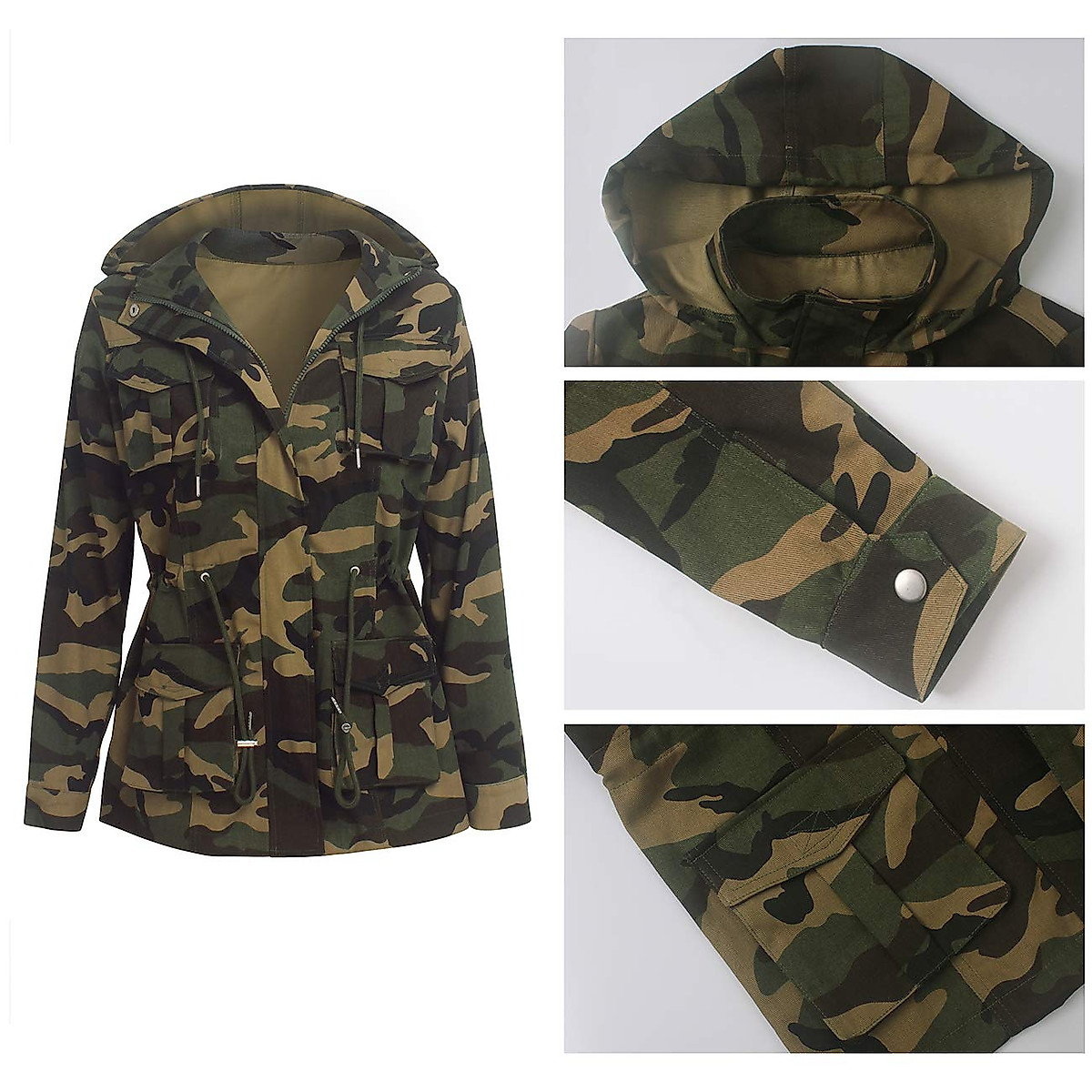 SheKiss Women Lightweight Camouflage Warm Winter Safari Jackets Long Sleeve Zipper Casual Canvas Overcoat Hunting Hoodie
