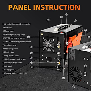 PCP Air Compressor, Auto-stop Powered by DC 12V Car or Home AC 110V/220V, 4500Psi/30Mpa/300Bar w/Built-in Water/Oil Adapter & Cooling Fan for Paintball, Scuba, Air Rifle