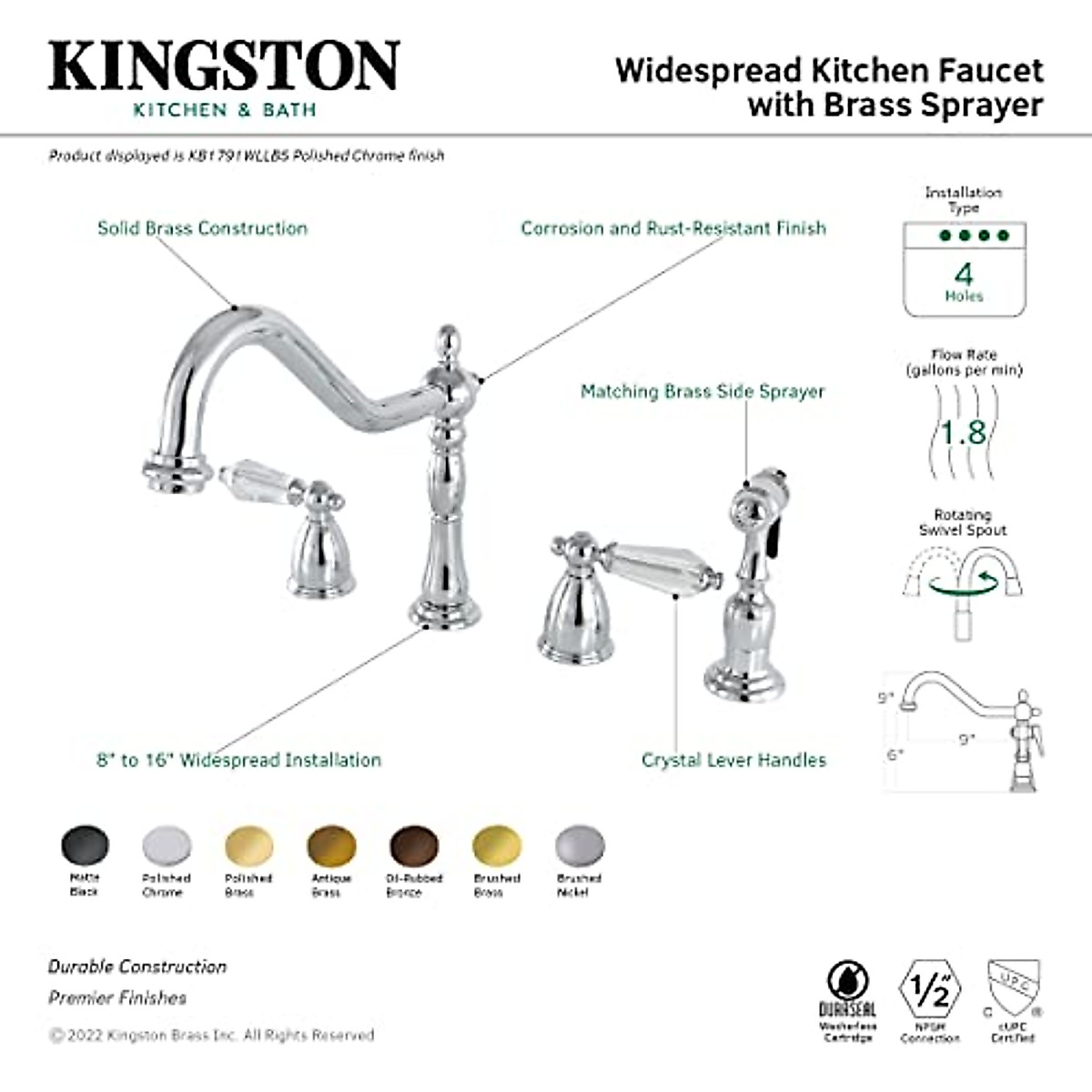 Kingston Brass KB1792WLLBS 8" to 16" Widespread Kitchen Faucet with Brass Sprayer, 8-1/4" in Spout Reach, Polished Brass