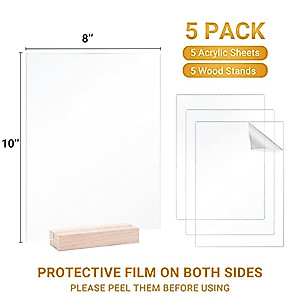 TLunlove Clear Acrylic Sheet with Wood Stand, 8 x 10 inch, 5 Pack Acrylic Wedding Signs Blank with Holder, DIY Acrylic Table Signs, Scratch Resistant, Smooth Edges