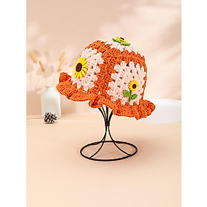 Verdusa Women's Floral Applique Crochet Bucket Hats Knit Caps Orange one-Size