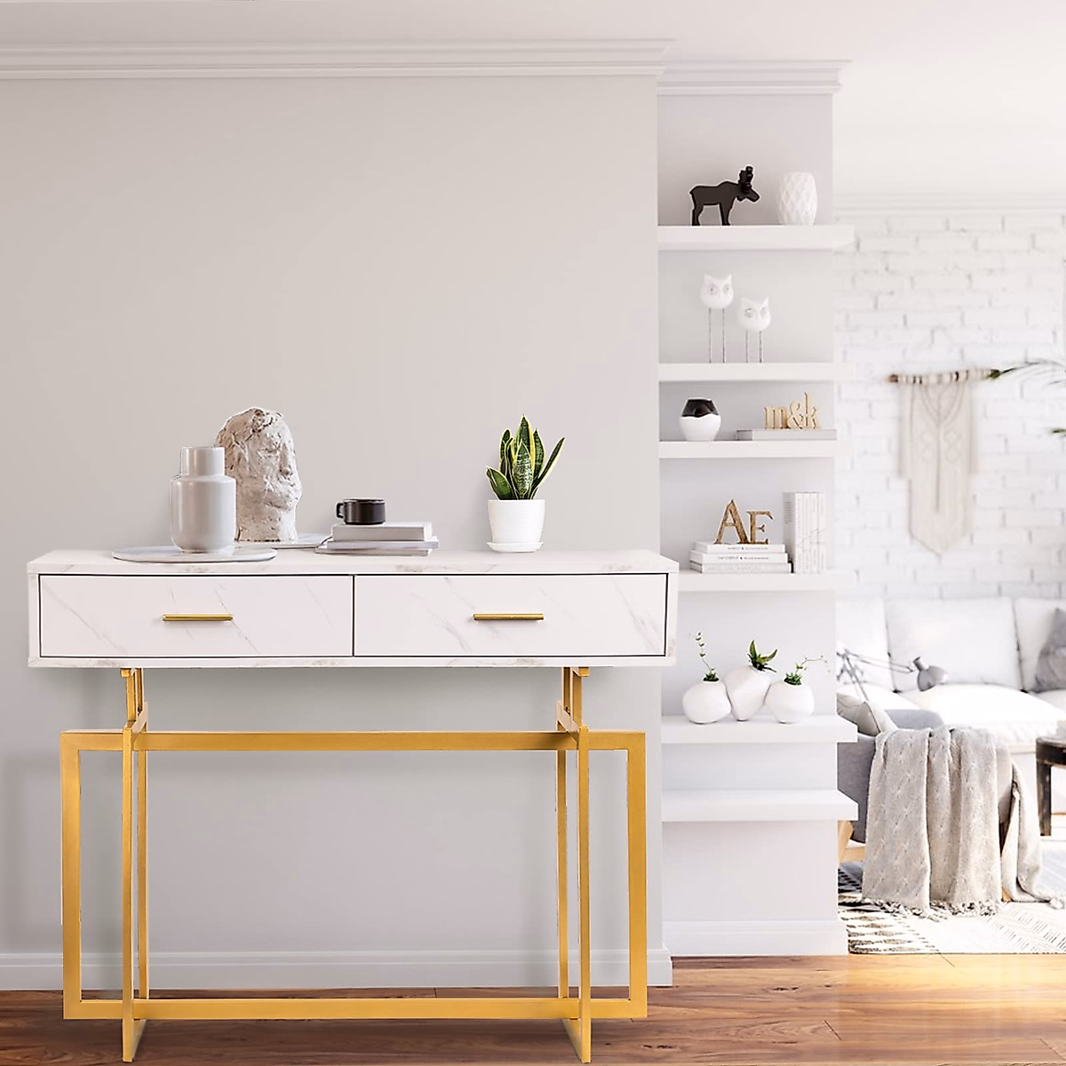 3imothrix Console Table with 2 Drawers, 39.37" Narrow Entryway Table Sofa Table for Hallway, Entrance Hall, Foyer, Corridor, Living Room, Faux Marble, Gold Base