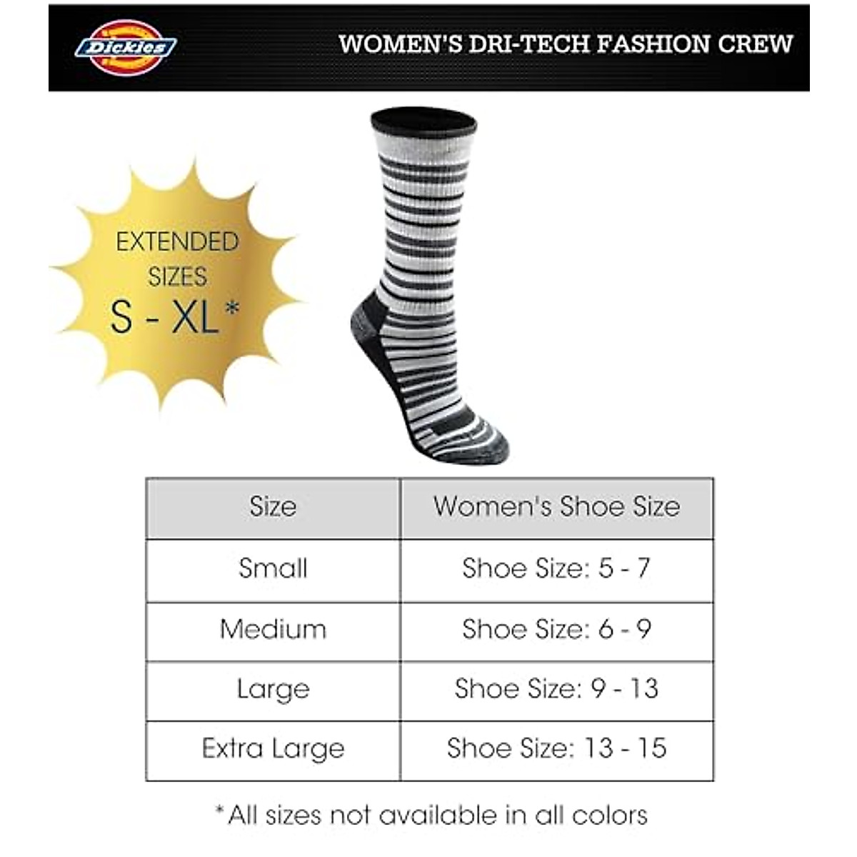 Dickies Women's Dri-tech Moisture Control Crew Socks Multipack, Stripe (6 Pairs), Medium