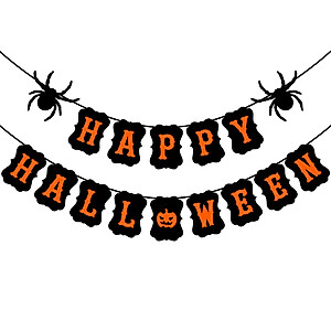 JOZON Happy Halloween Banner Halloween Bunting Banner Garland with Spider Pumpkin Sign for Halloween Party Decorations Halloween Decor for Mantle Fireplace Wall Party Supplies