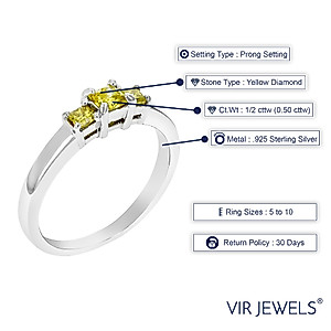Vir Jewels 1/2 cttw 3 Stone Princess Yellow Diamond Engagement Ring .925 Sterling Silver Size 7