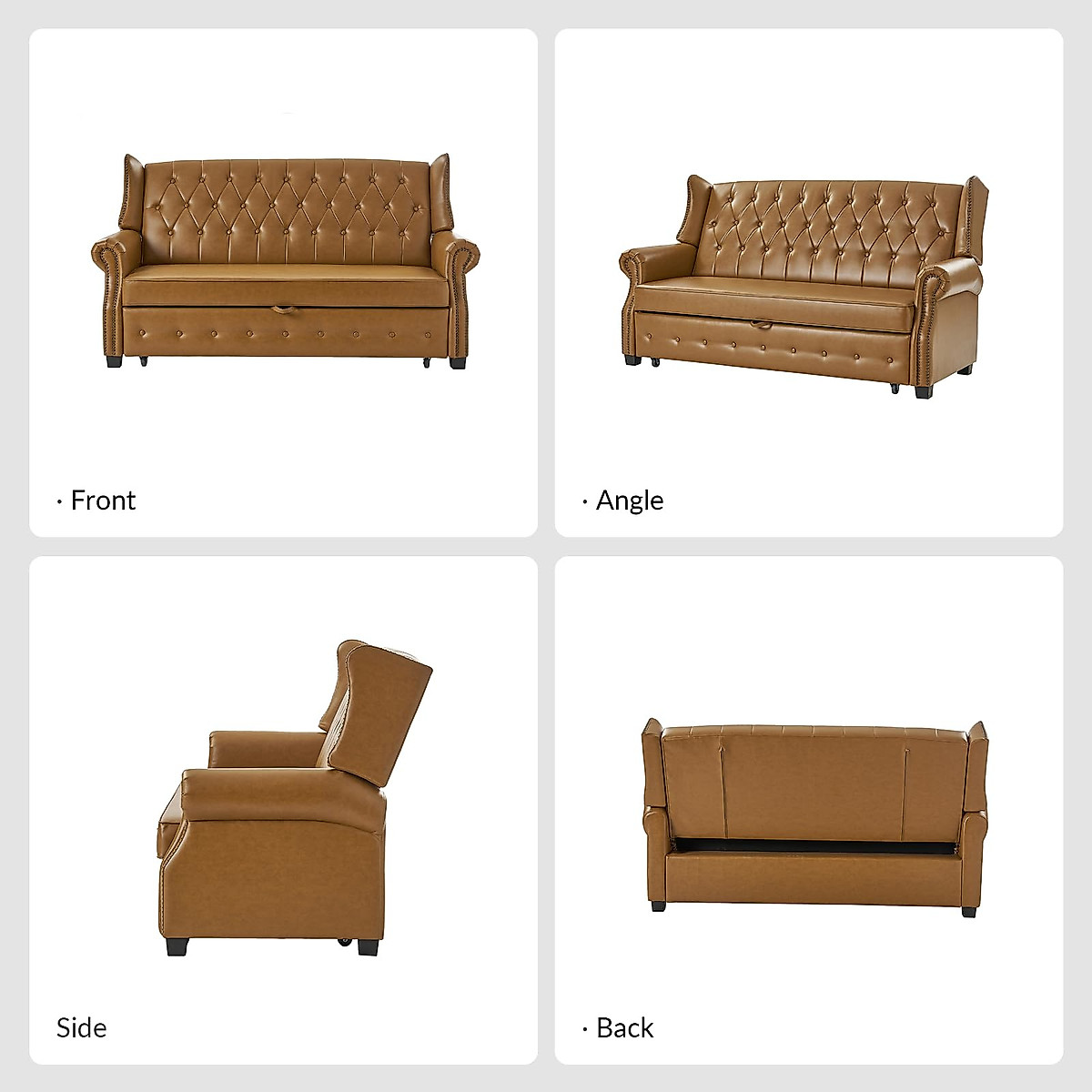 HULALA HOME 74" Leather Couch with Pull Out Bed, Convertible Sofa Bed Couch with Nailhead Arms and Tufted Back, Sleeper Loveseat Sofa for Bedroom Small Spaces, Living Room, Office, Camel